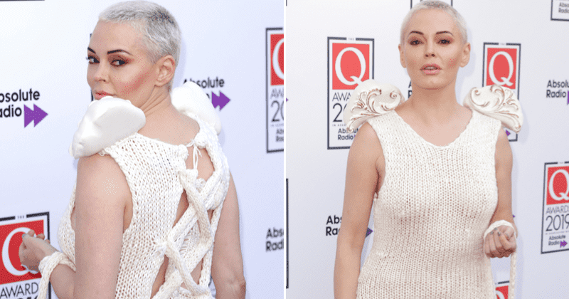 Rose McGowan sizzles in braless sheer knitted dress and leaves little to the imagination at the ...